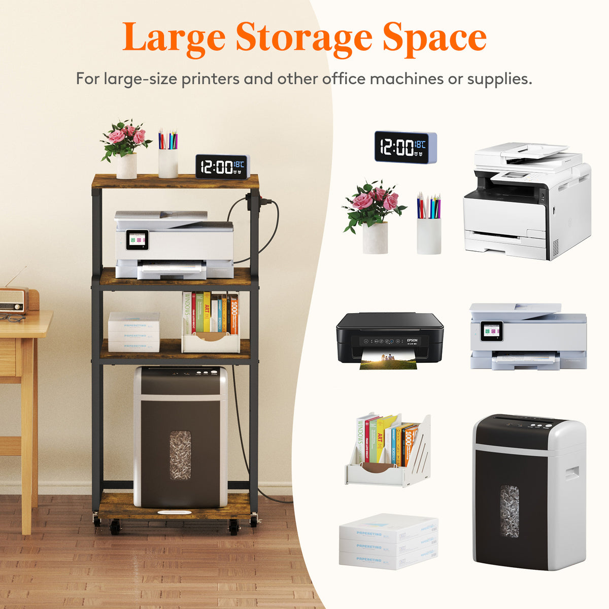 4-Tier Printer Stand with 3 Power Outlets, Wheels and Adjustable ...