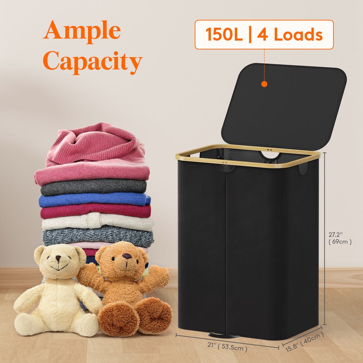 120L Large Double Laundry Basket with Lid, Removable Laundry Basket ...